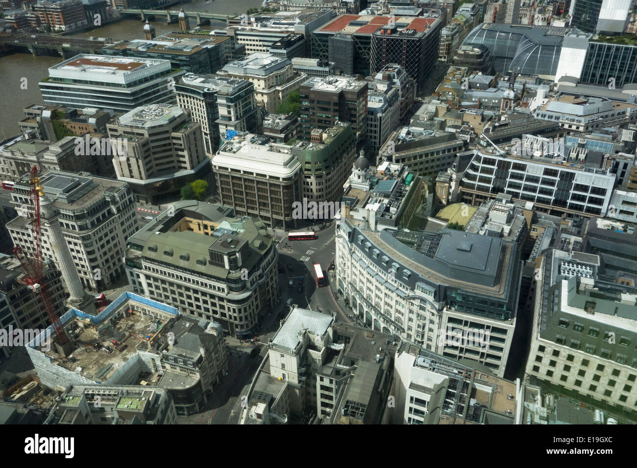 Central London aerial view of the City of London, Monument station ...