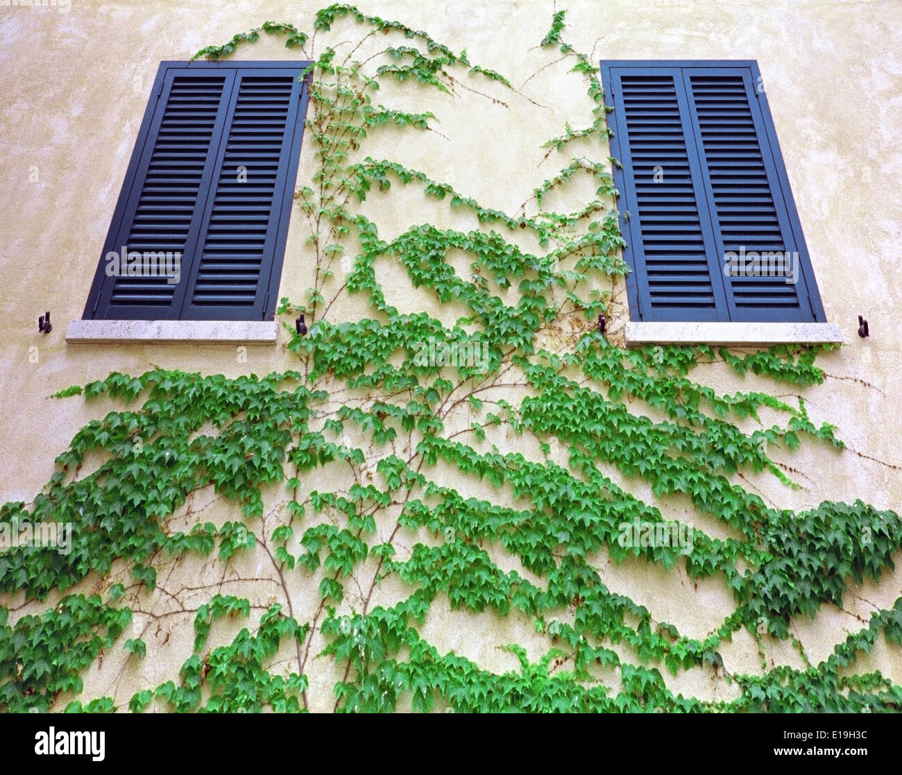 Pair of shuttered window high on wall Stock Photo - Alamy