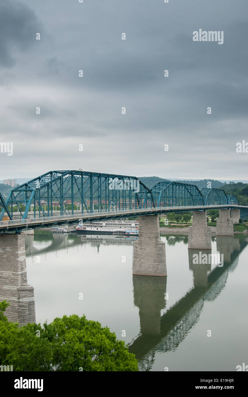 Painted Blue Train Bridge Crossing River in Chattanooga, Tennessee ...