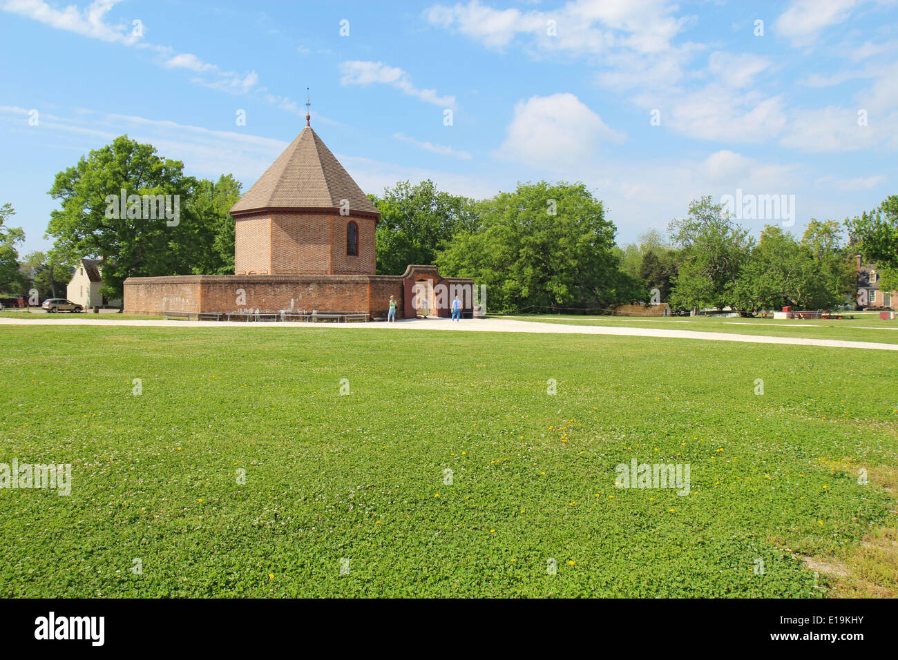 The Magazine building in Colonial Williamsburg, Virginia, against a ...