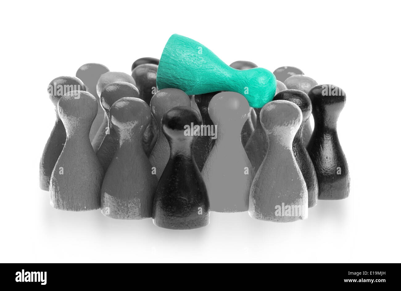 Blue pawn is crowdsurfing over a collection of different colors of ...