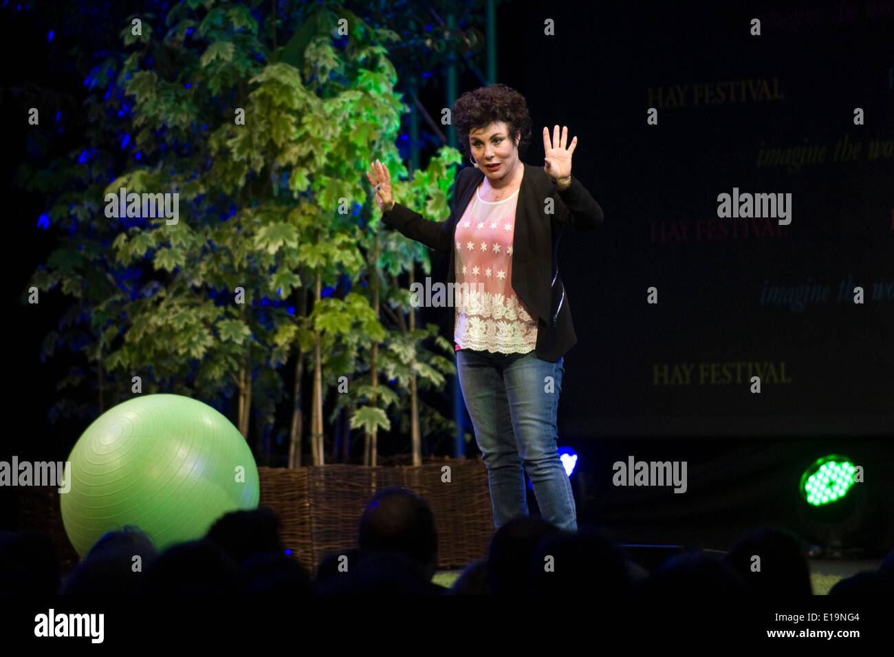 Ruby Wax performing her "Sane New World" show on stage at Hay Festival ...