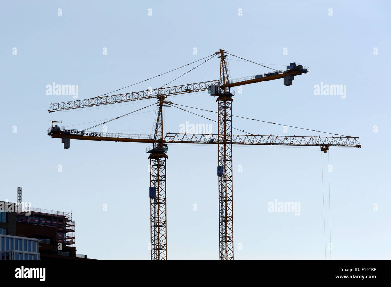 Two cranes constructing a new building Stock Photo - Alamy