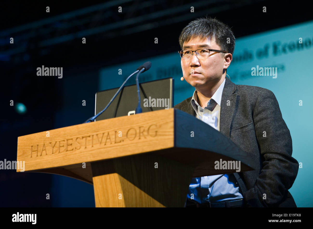 Ha-Joon Chang Korean economist speaking at Hay Festival 2014 Hay on Wye ...