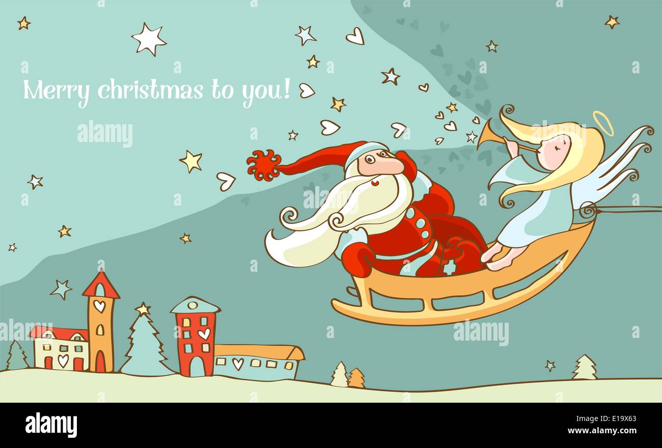Santa Claus and christmas angel in sleigh. New year postcard Stock ...