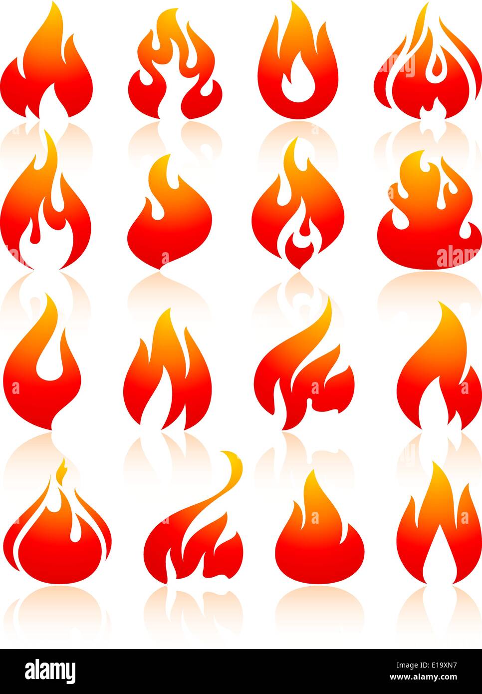 Flame redish, set icons with reflection on white background, vector ...
