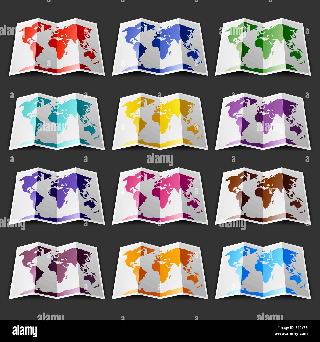 Set of twelve colored maps of the World, on black blackground Stock ...