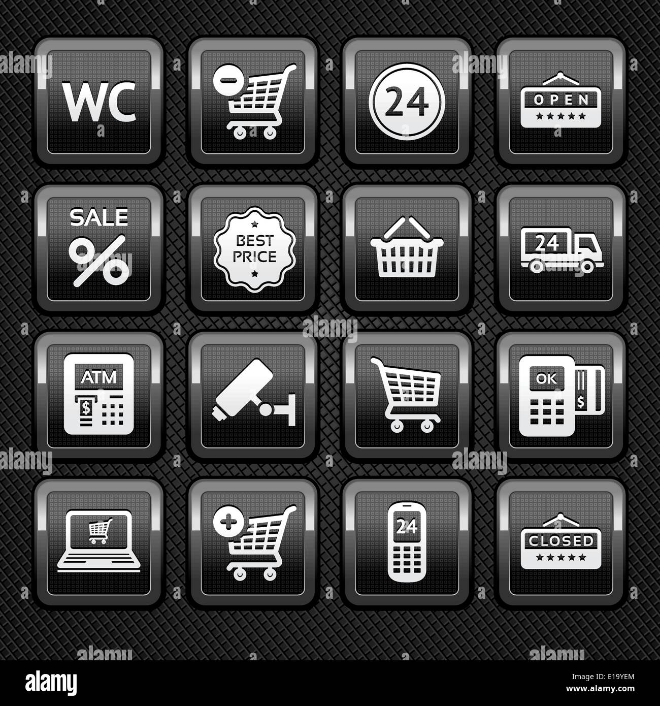 Set pictograms supermarket services, shopping Icons on metal background ...