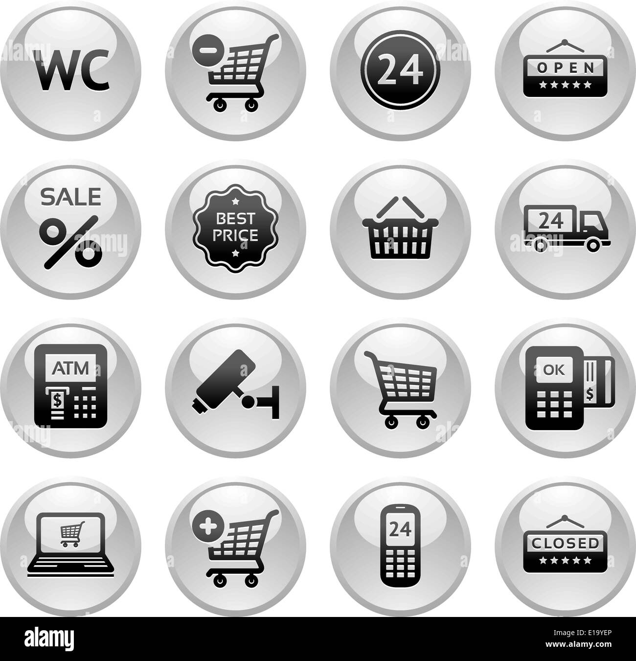 Set pictograms supermarket services, Shopping Icons, Gray round buttons ...