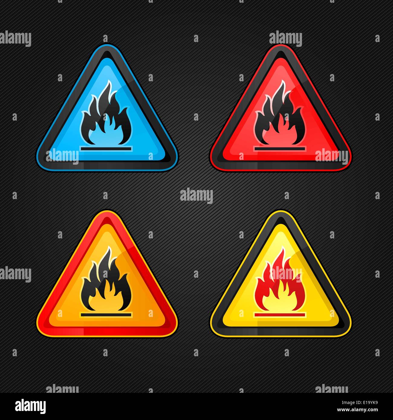 Hazard warning triangle highly flammable warning set symbols on a metal ...
