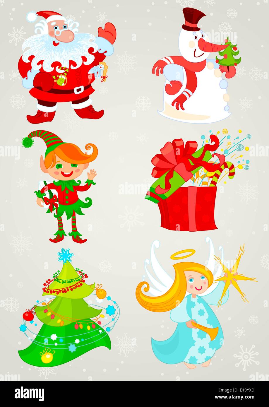 Set, santa claus and snowman, elf and christmas angel, big present and ...