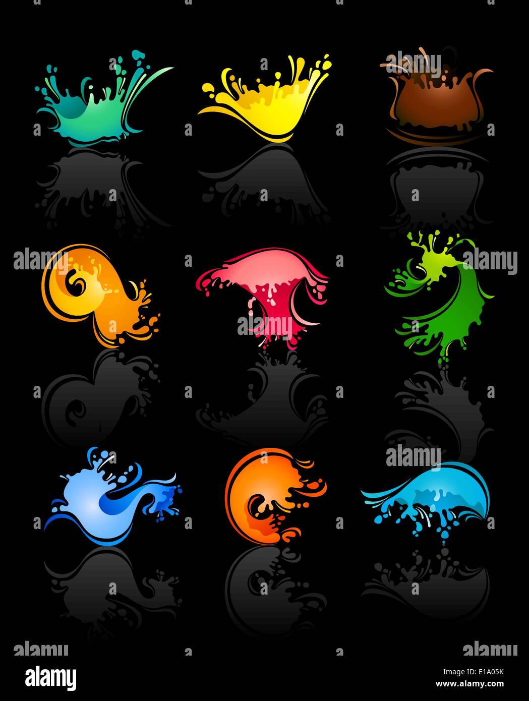 Splash colors Waves and Water with reflection on black background Stock ...