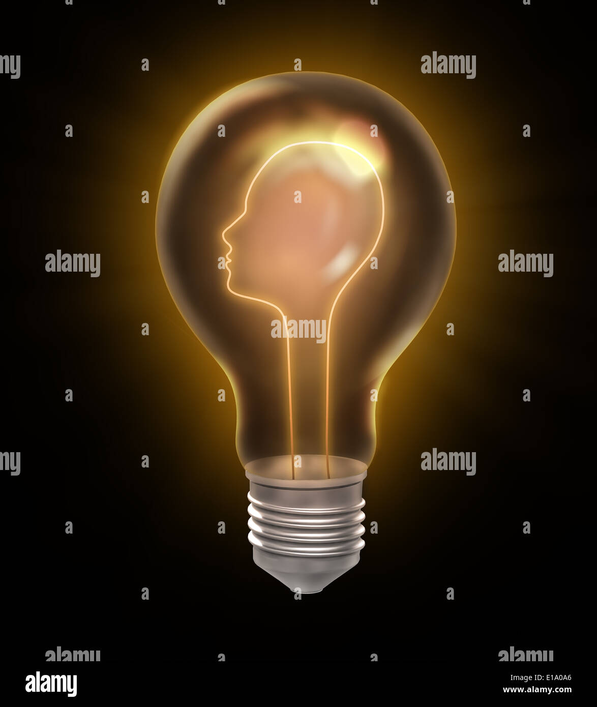 Brainstorming and intelligence concept - human head bulb filament Stock ...