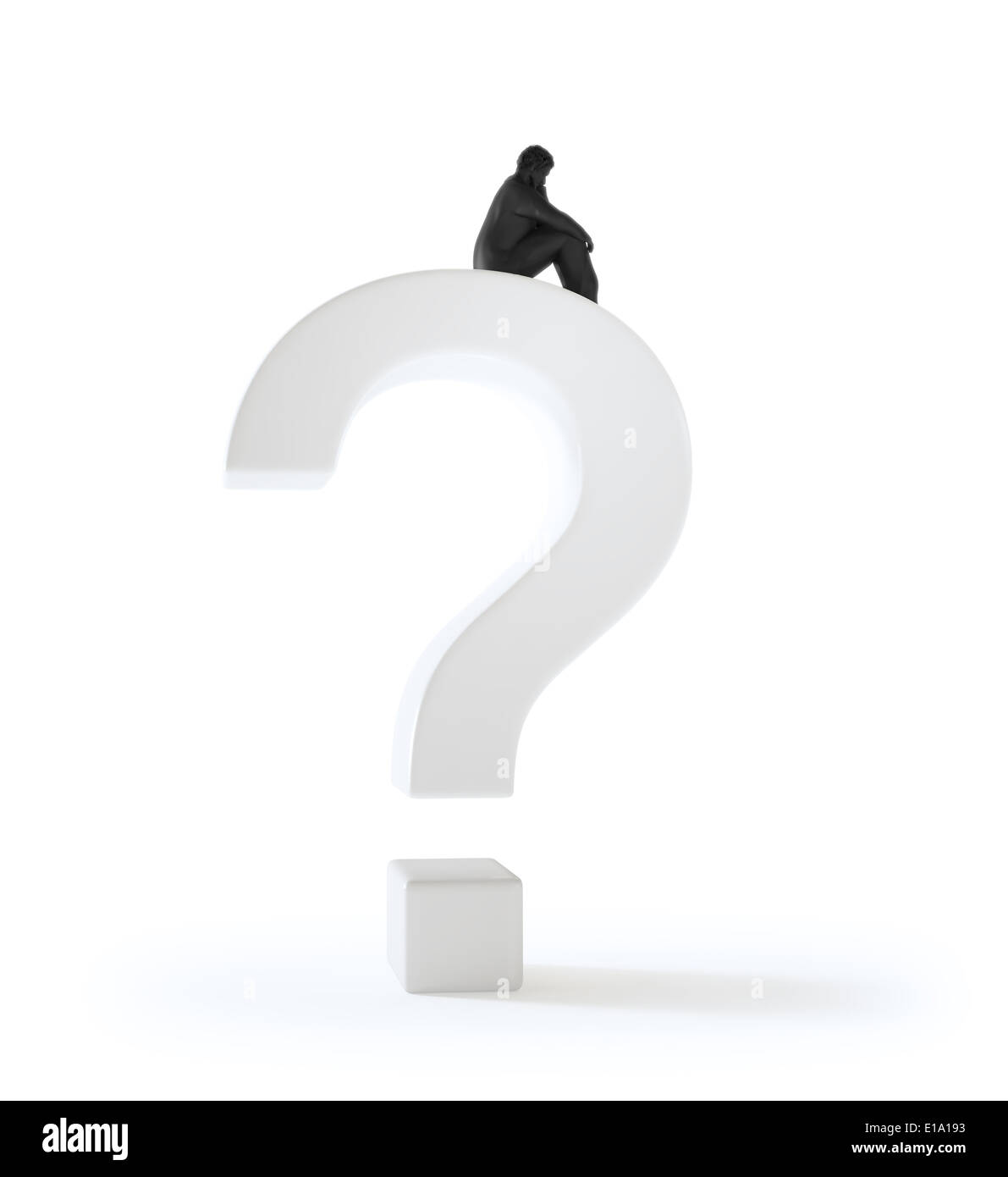 Tiny man sitting on a question mark - problem solving concept Stock ...