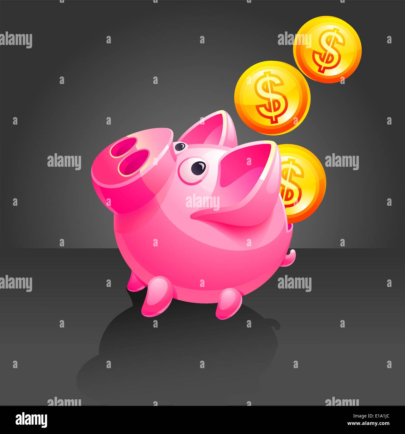Piggy Bank and falling Money. Pig vector icon. Black background Stock ...