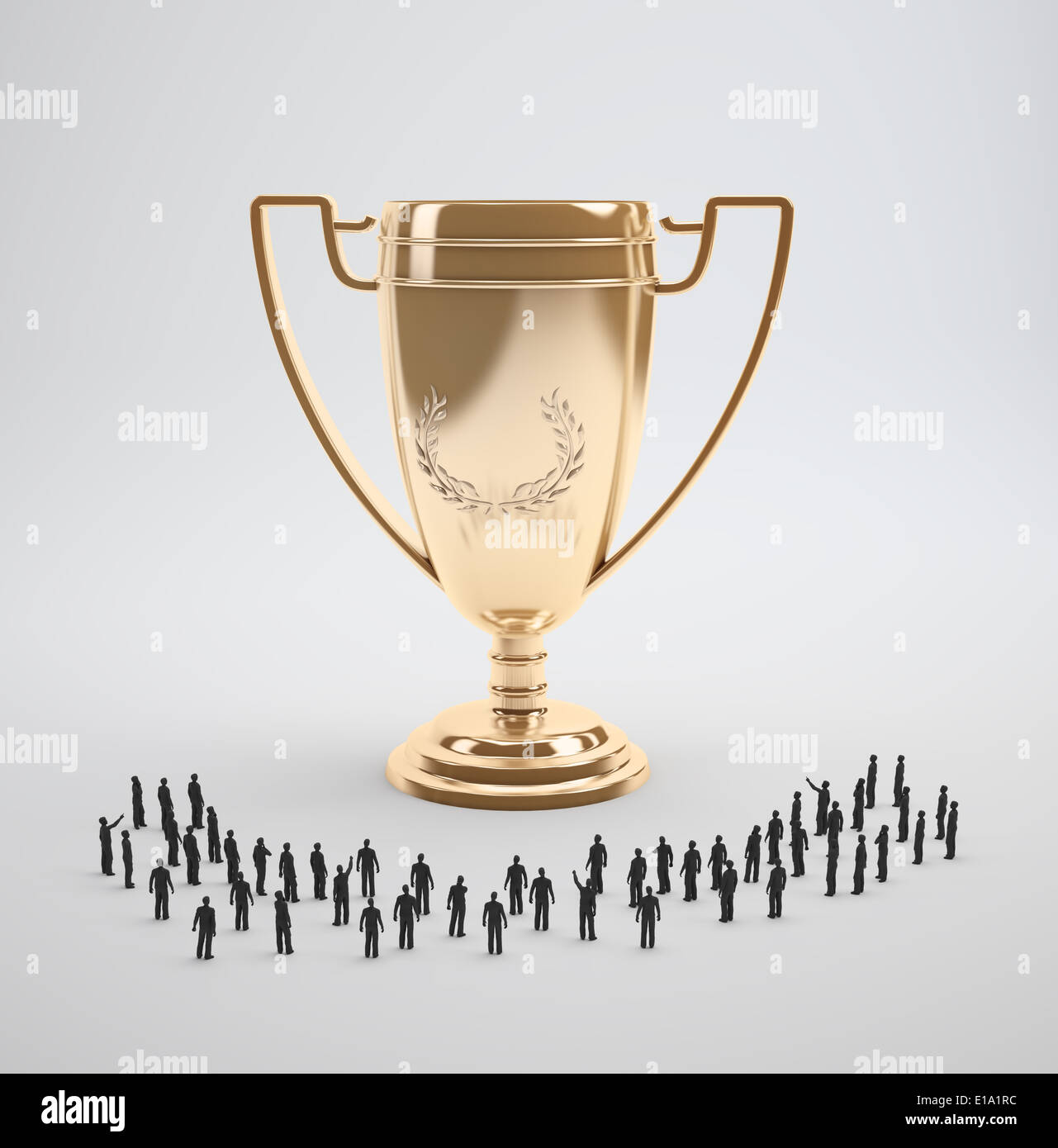 Large group of tiny people standing around a golden trophy cup Stock ...