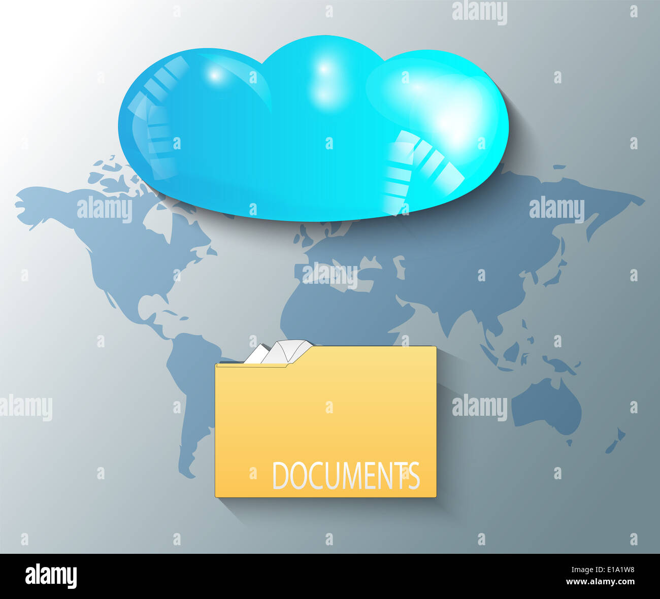 Illustration of cloud with world map and documents Stock Photo - Alamy