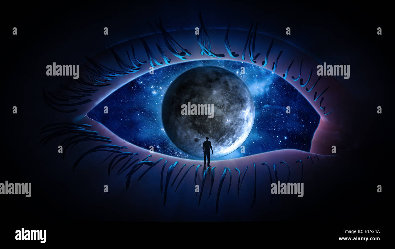 Tiny person standing looking at the Moon through an open eye ...