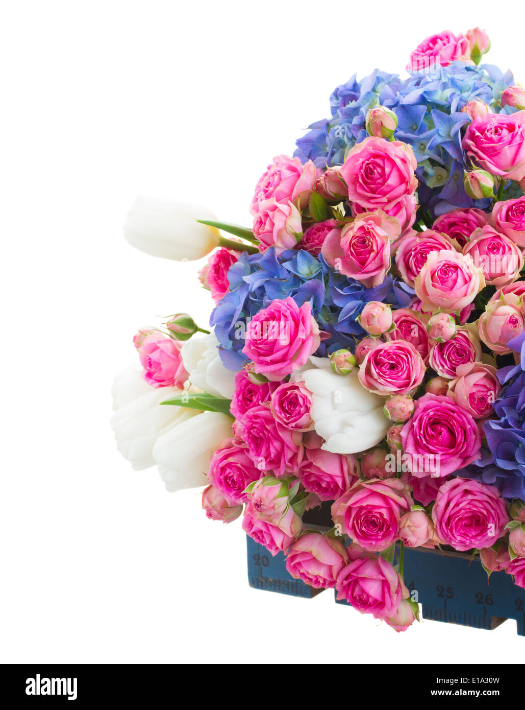 pile of white tulips, pink roses and blue hortensia flowers Stock Photo ...