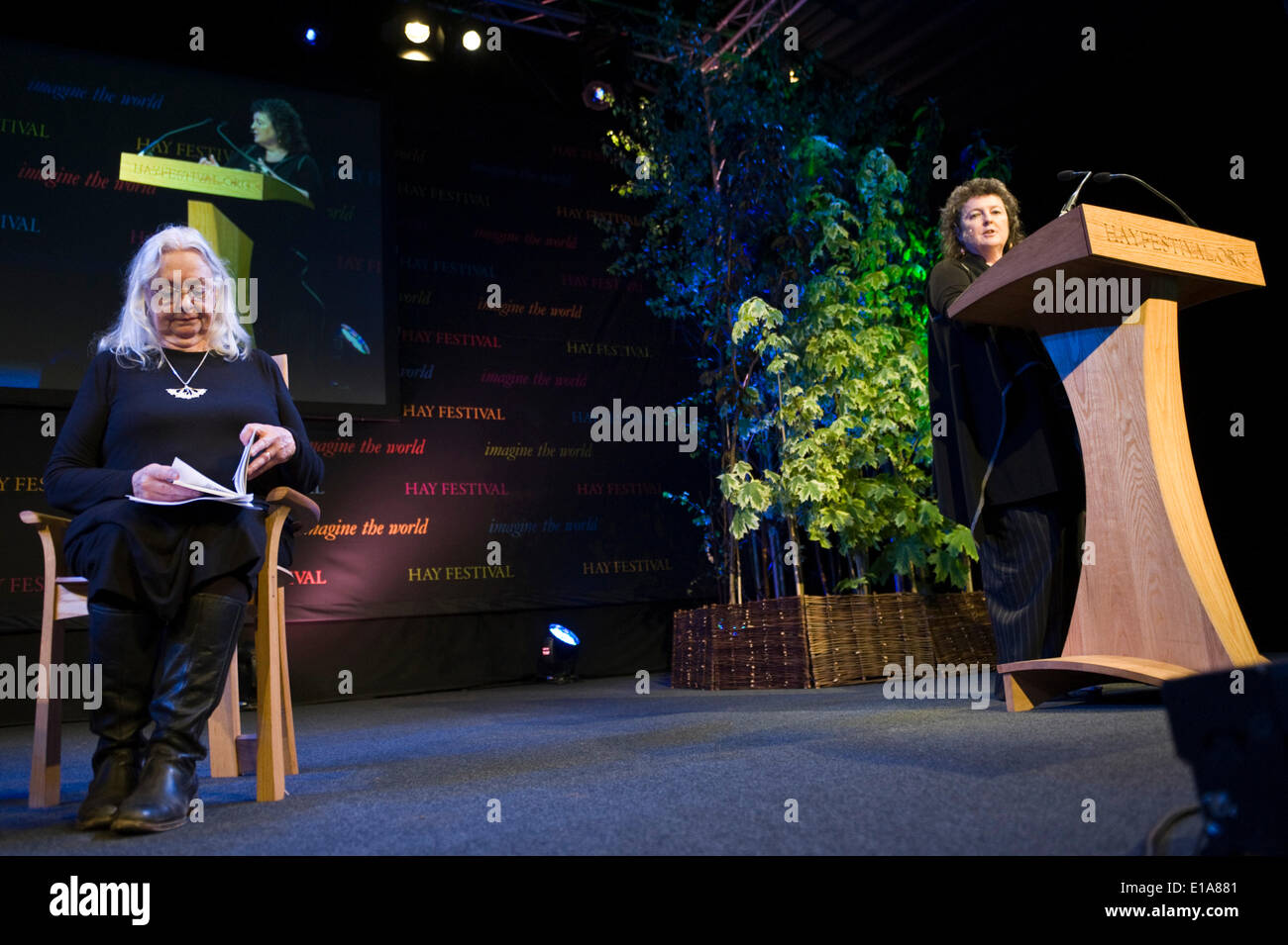 Poets Gillian Clarke & Carol Ann Duffy giving a poetry reading at Hay ...