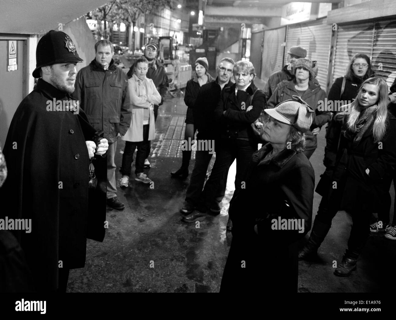 Tour guide on a Jack the Ripper tour of London's east end, Whitechapel ...