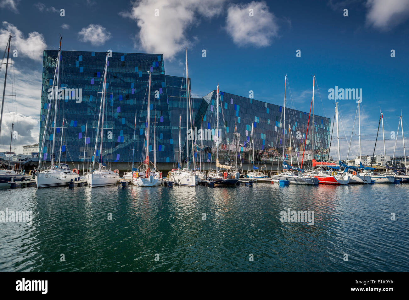 Reykjavik Harbor with Sailboats and Harpa Concert and Convention Center ...