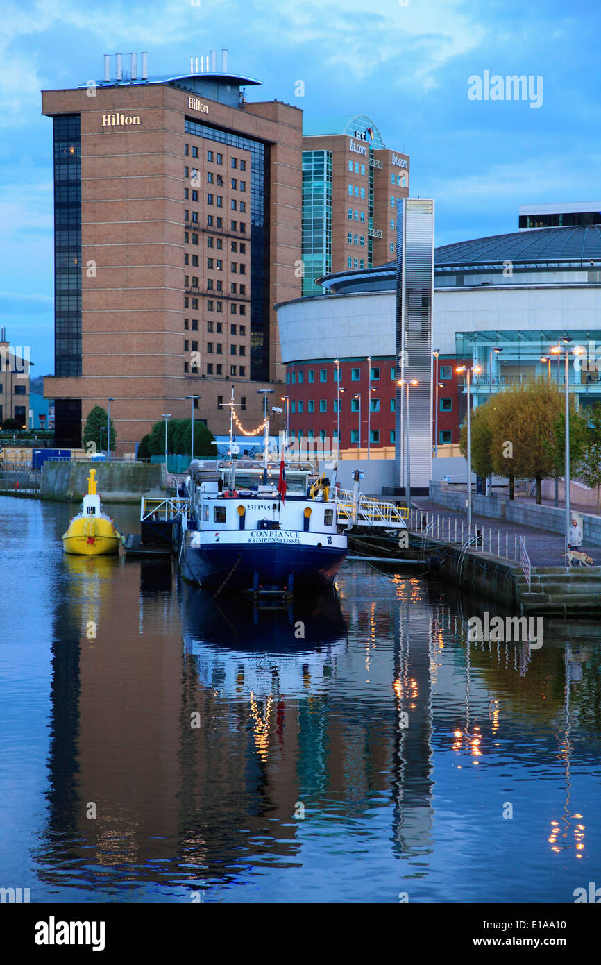 UK, Northern Ireland, Belfast, Hilton, Waterfront Building, Barge ...