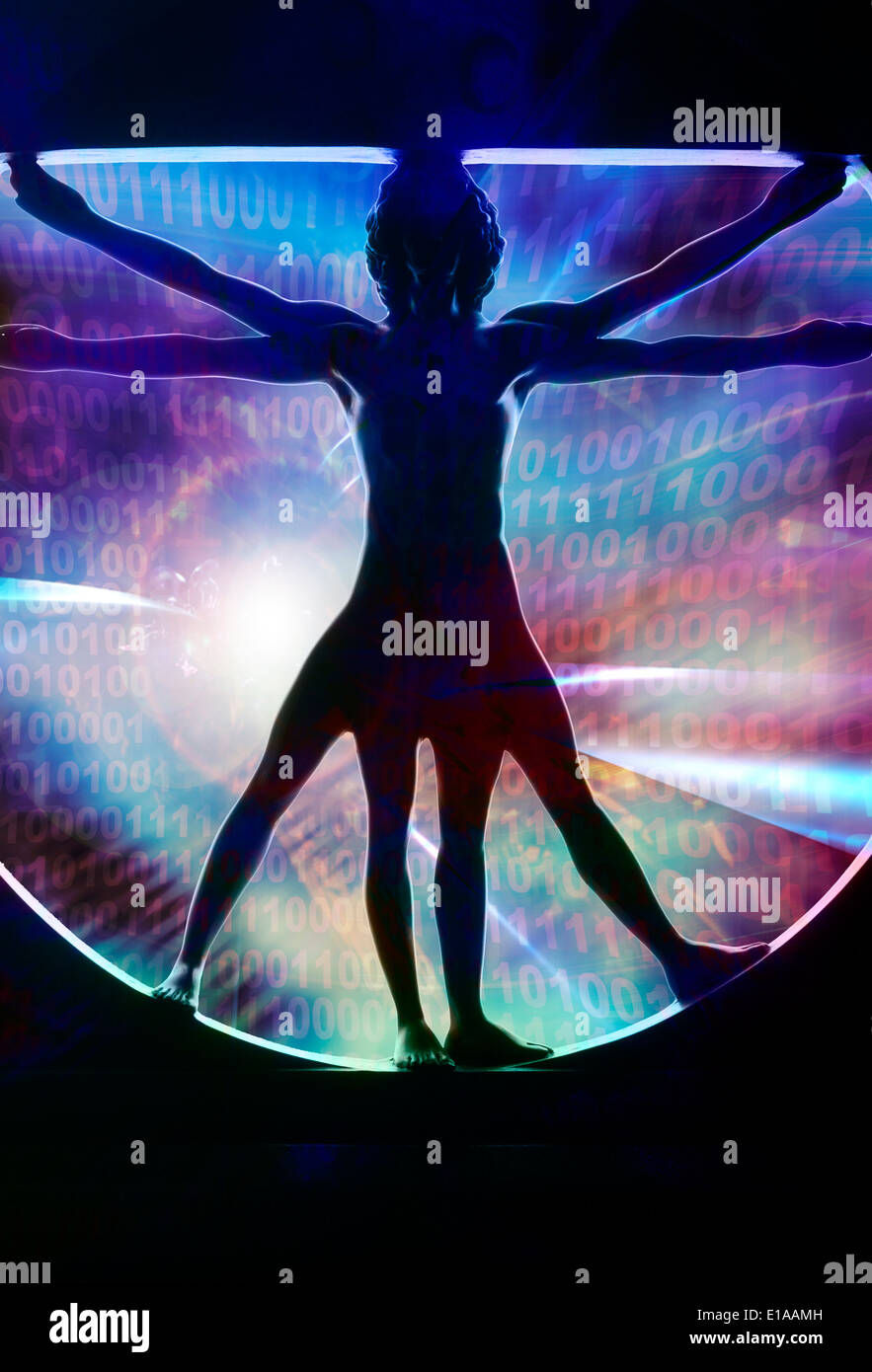 Vitruvian man with binary background Stock Photo - Alamy