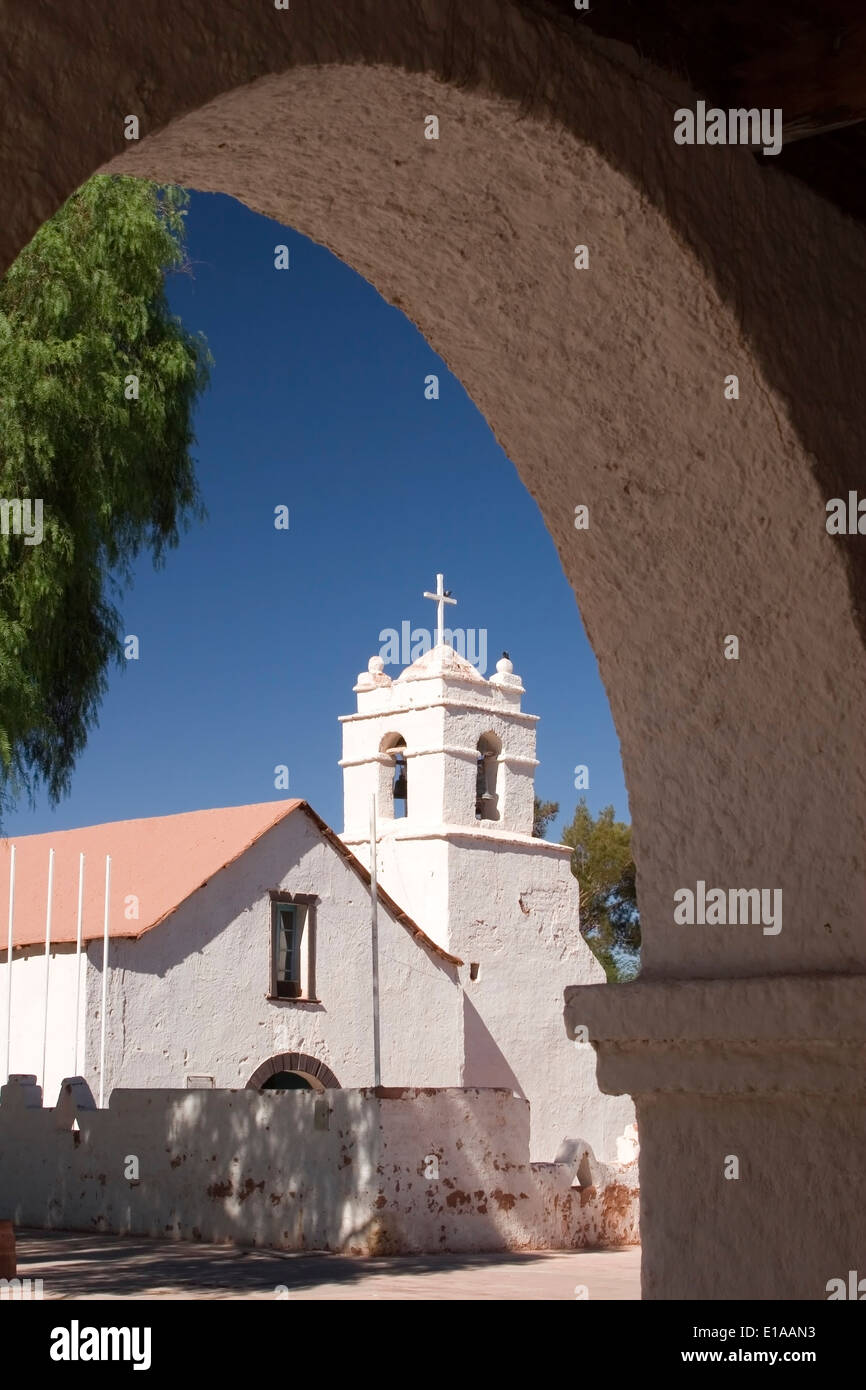 San Pedro Church (1745) framed by adobe arch, San Pedro de Atacama ...