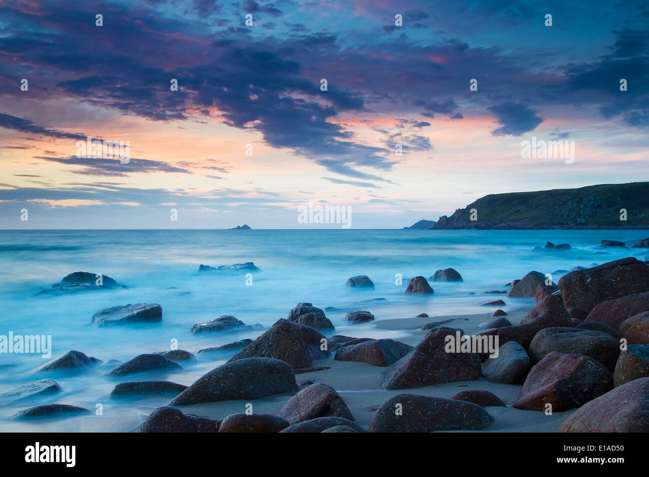 Sunset at Sennen Cove Beach, Cornwall, UK looking towards Cape Cornwall ...