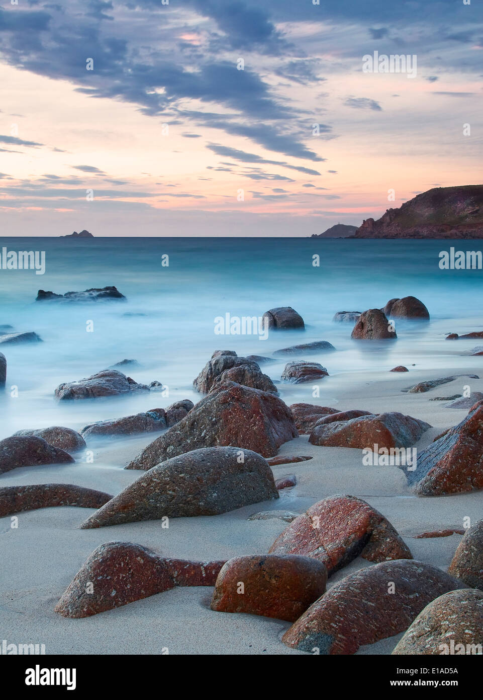 Sunset at Sennen Cove Beach, Cornwall, UK looking towards Cape Cornwall ...