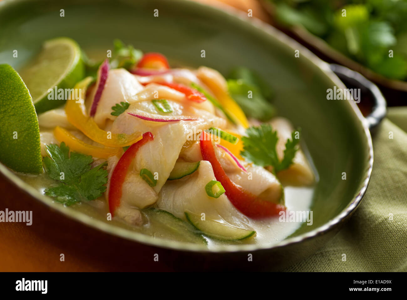 A freshly made white fish ceviche with red onion, red pepper, yellow ...