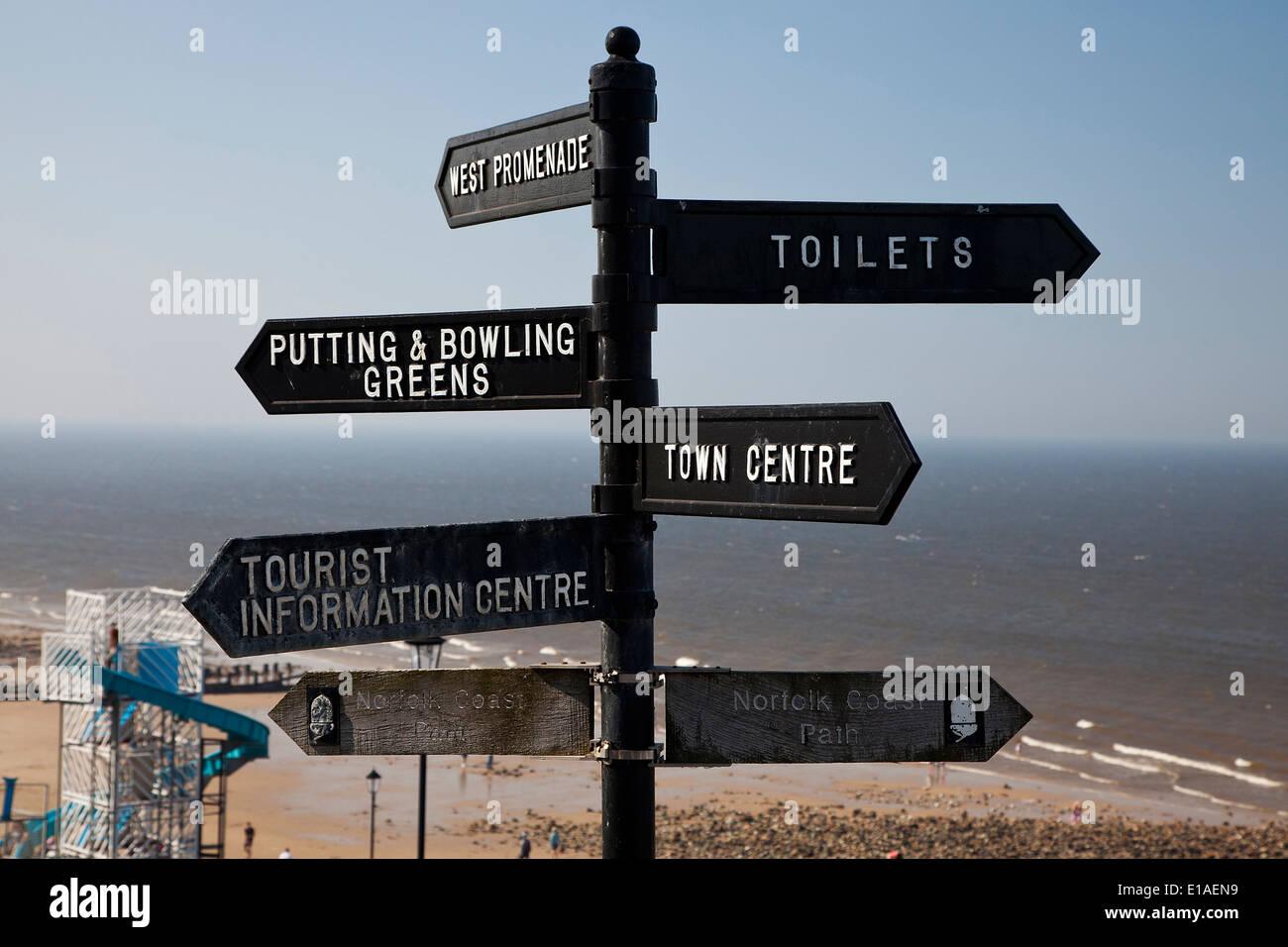 Sign post for local facilities and attractions at Cromer Stock Photo ...