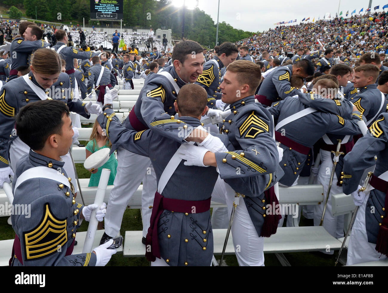 West Point, USA. 28th May, 2014. Cadets celebrate during the graduation ...