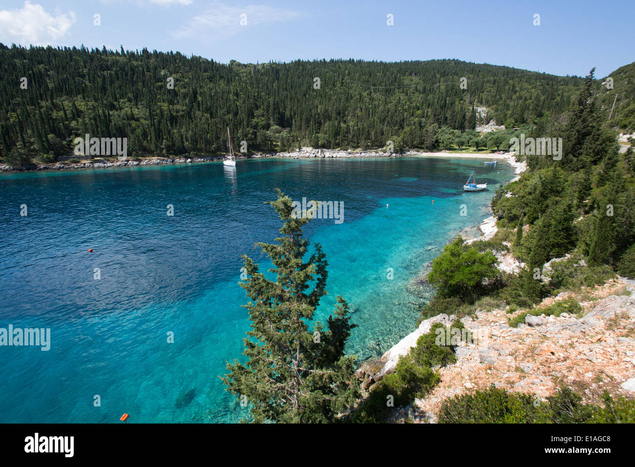 Village of Fiskardo, Kefalonia. Picturesque view of the beach at Foki ...