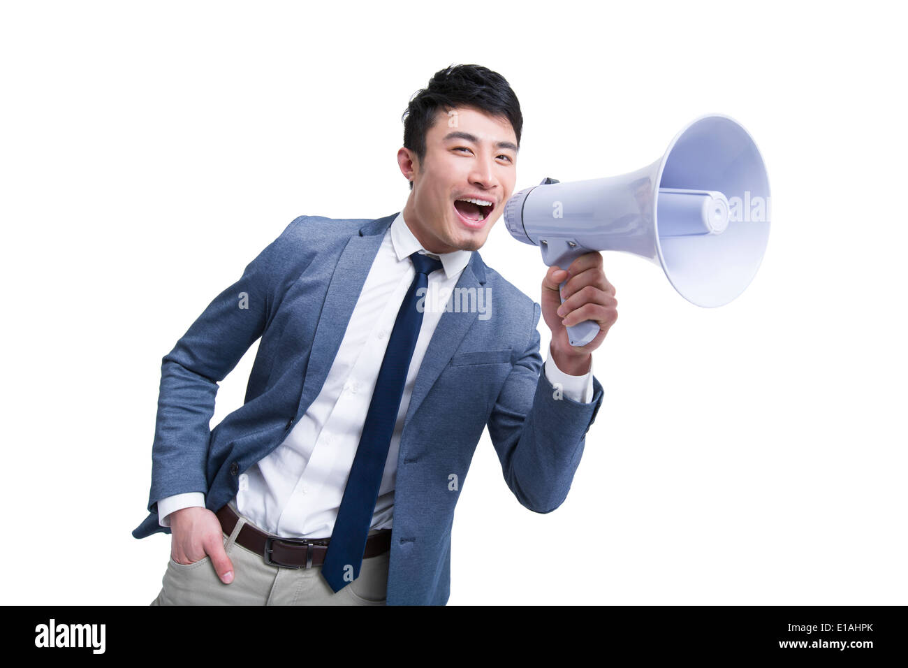 Cheerful businessman shouting megaphone hi-res stock photography and ...