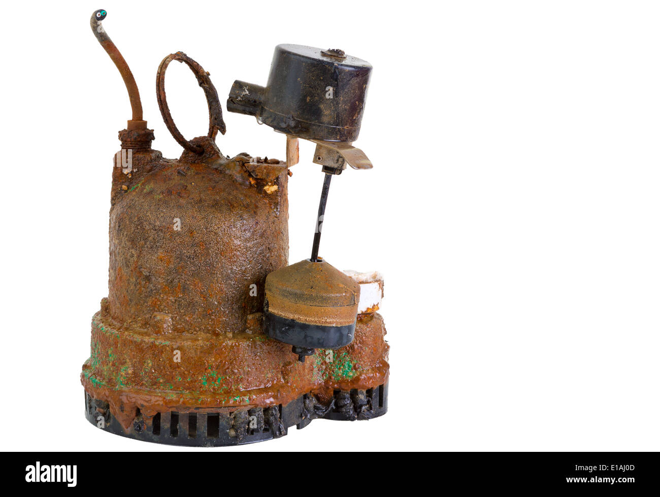 Old defunct obsolete grungy rusted sump pump that has been removed for ...