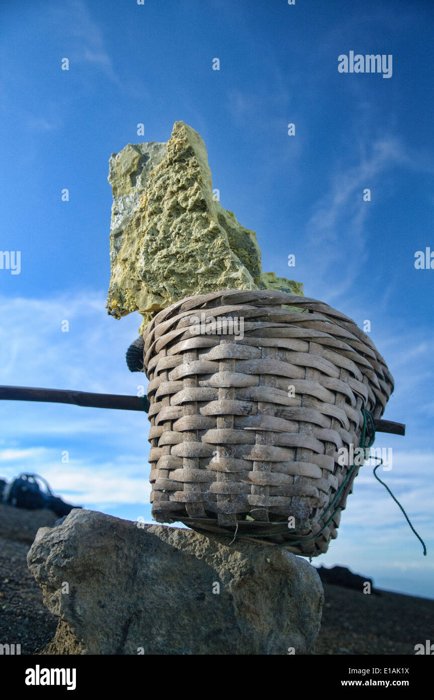 a sulphur miner's basket at the Kawah Ijen volcanic crater, Java ...