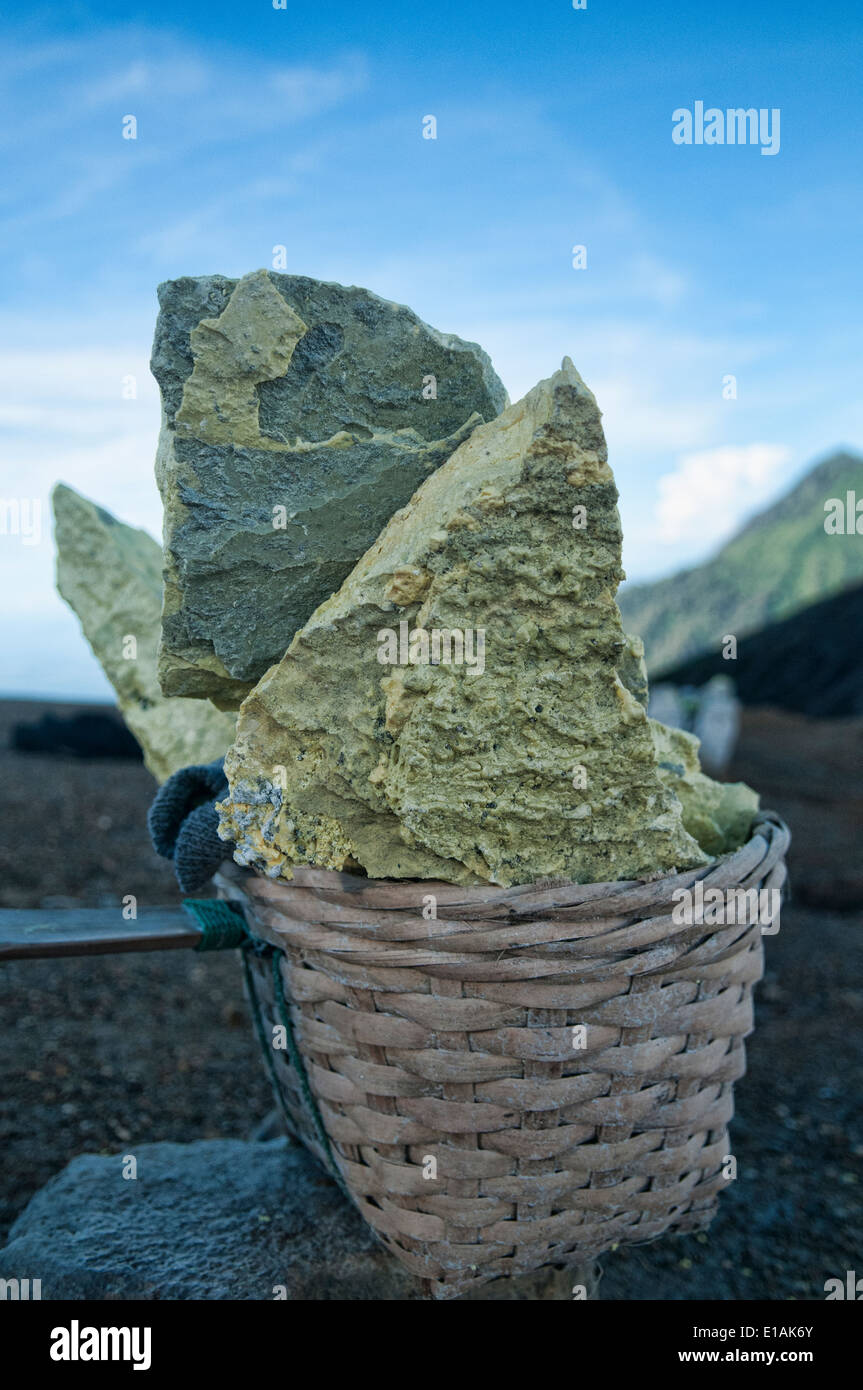 a sulphur miner's basket at the Kawah Ijen volcanic crater, Java ...