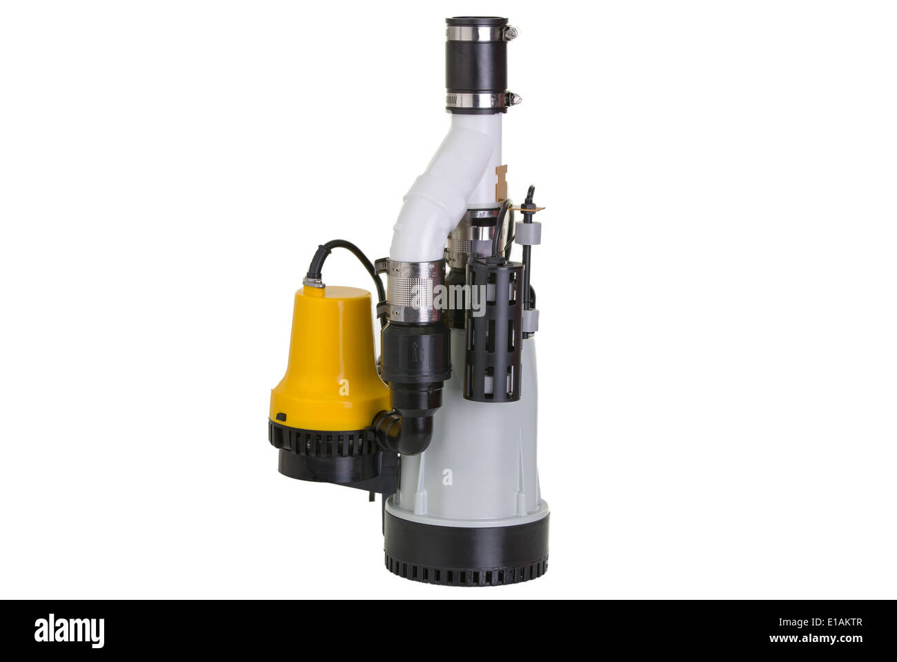 New sump pump with an attached yellow emergency backup pump in case of ...