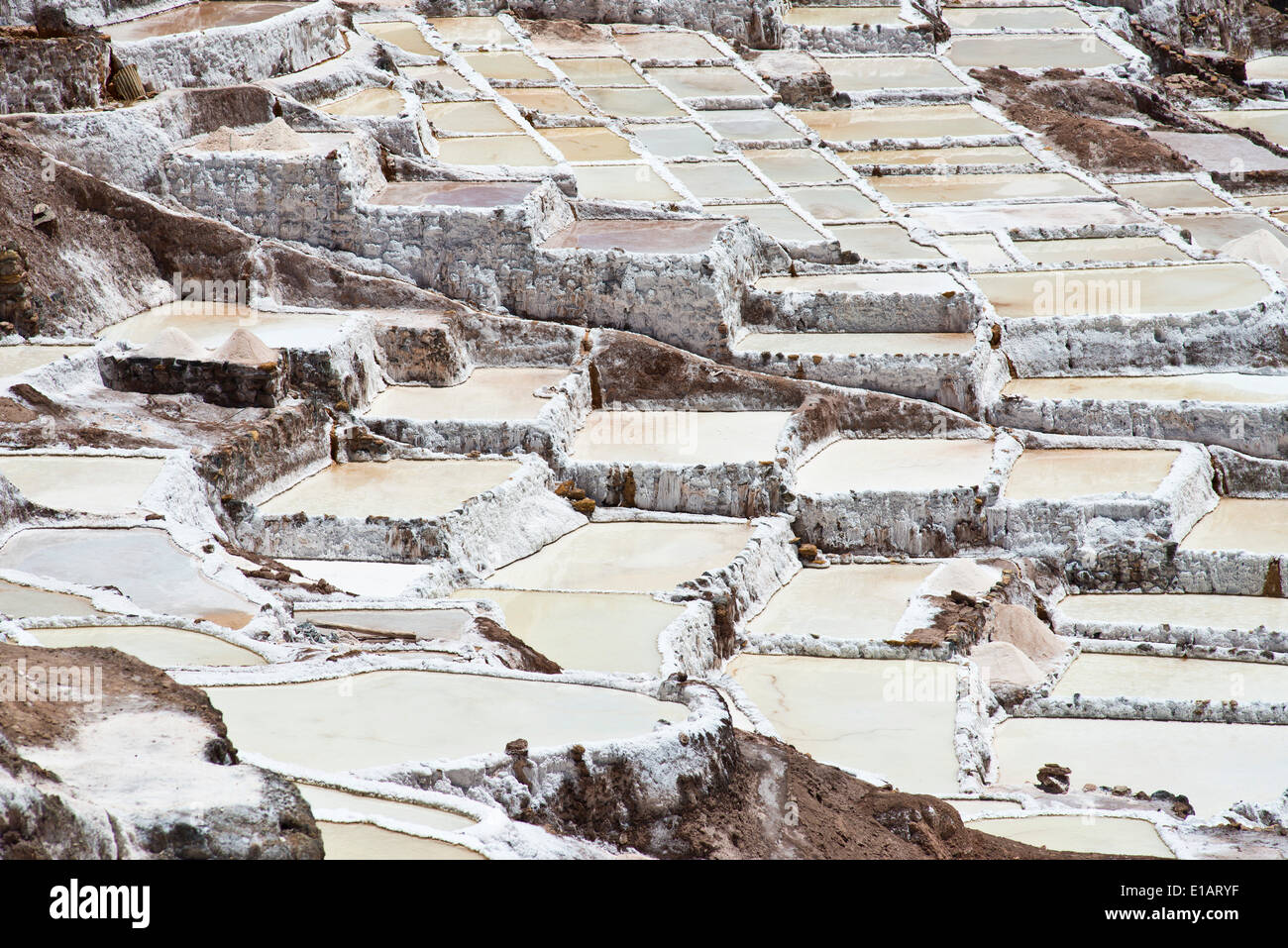 Salt pans on a mountainside, Salinas de Maras salt pans, created by the ...