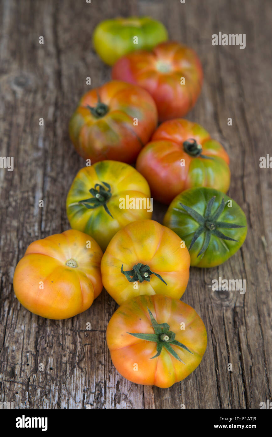 cascading group of Spanish grown Raf striped tomatoes on wooden rustic ...