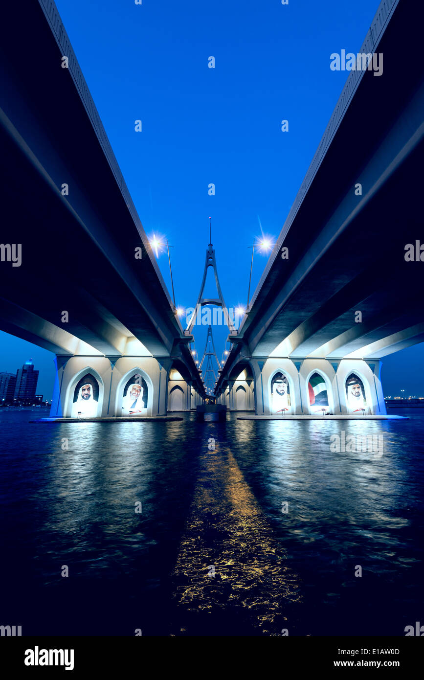 Evening view from below of Business Bay Bridge in Dubai United Arab ...