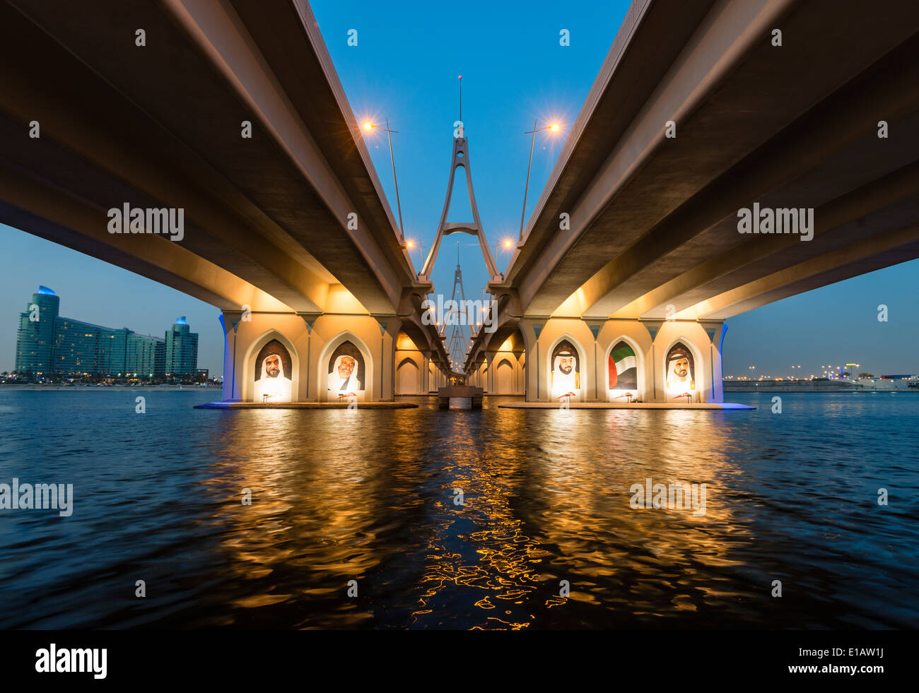 Evening view from below of Business Bay Bridge in Dubai United Arab ...