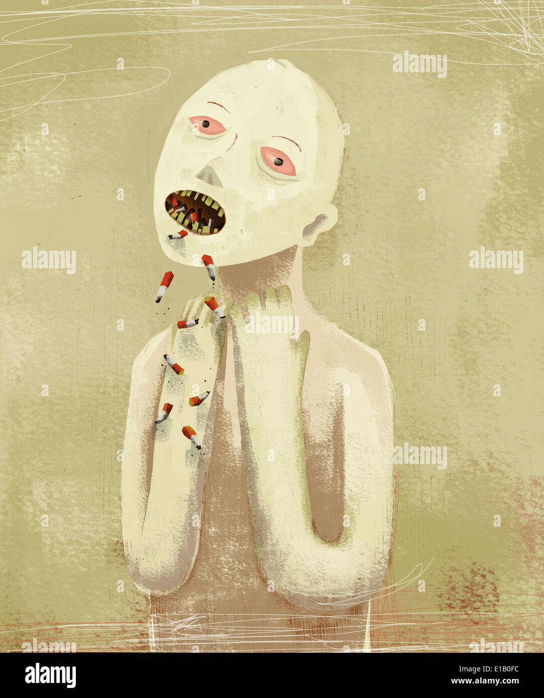 Illustration of sick man vomiting cigarettes over colored background ...