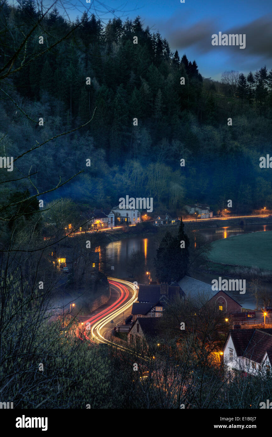 Traffic on the A466 passing through Tintern at night Stock Photo - Alamy