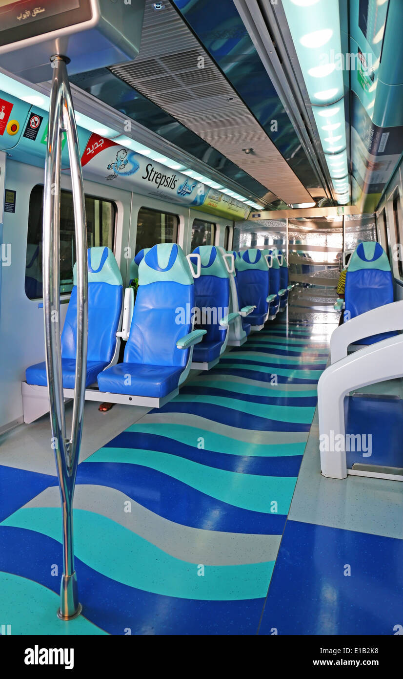 : Interior of metro train in Dubai. Metro as world's longest fully ...