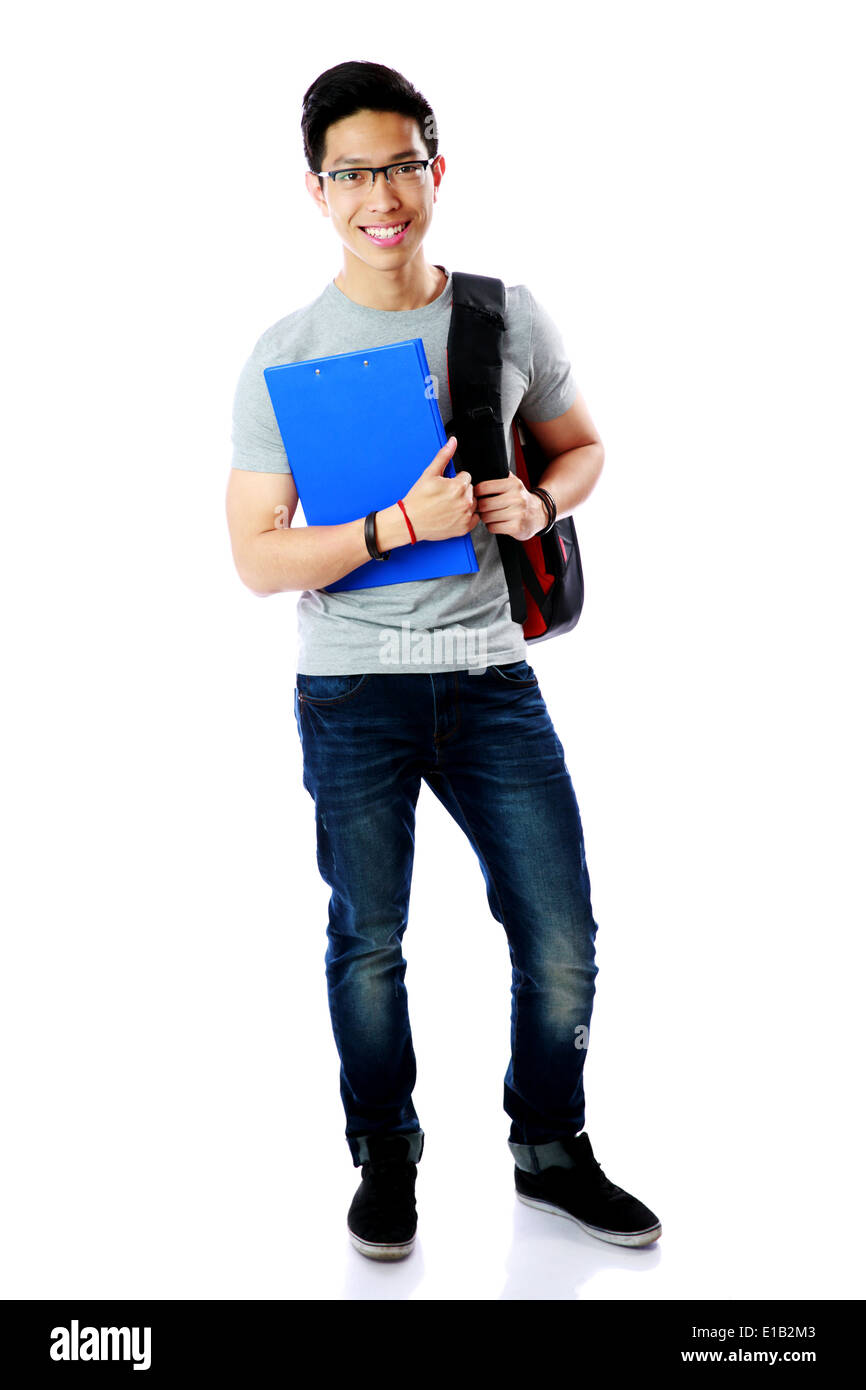 Full length portrait of a student with backpack and notebook standing ...