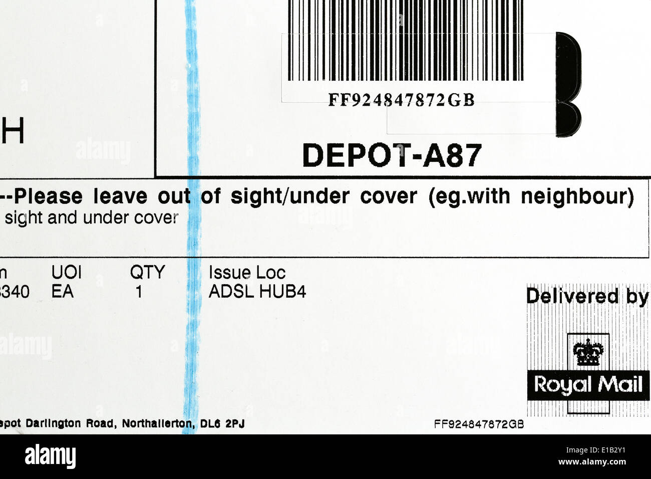 Royal Mail Parcel label with instructions to leave out of sight / under ...