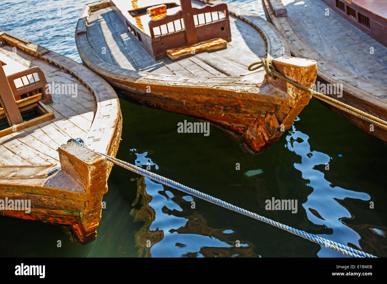Traditional Abra boat at the pier in Dubai Stock Photo - Alamy